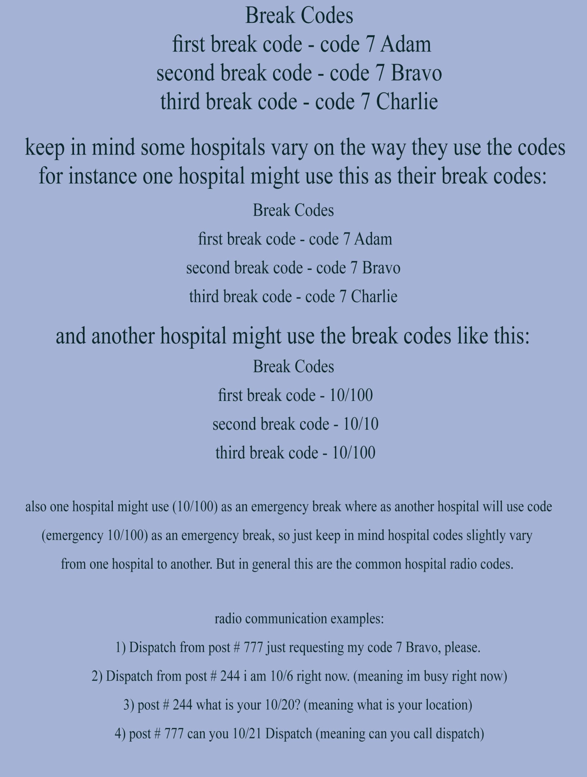 Hospital Security Guards Common Radio Codes